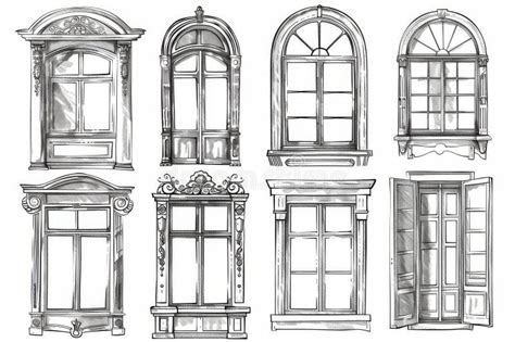 Windows Drawing Set Hand Drawn Architecture Design Elements Windows Freehand Pictures Stock