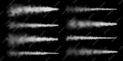 현실적인 비행기 응축 트레일 우주 로켓 발사 미사일 또는 총알 트레일 제트 항공기 트랙 흰 연기 구름 안개 증기 흐름 벡터 그림 프리미엄 벡터