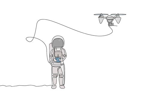 Premium Vector One Single Line Drawing Astronaut Playing Drone Plane Radio Control In Moon