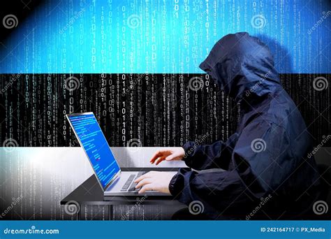 anonymous hooded hacker flag of estonia binary code cyber attack