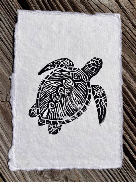 Sea Turtle Hand Carved And Stamped Lino Print On 5x7 Handmade Recycled Paper Etsy