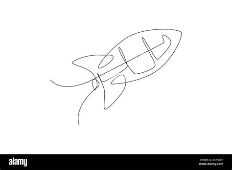 One Continuous Line Drawing Of Simple Retro Spacecraft Flying Up To The Outer Space Nebula