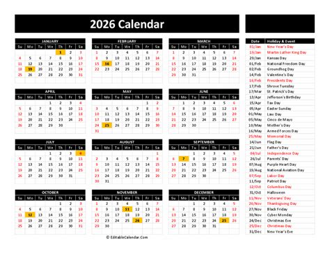 Free Printable 2026 Calendar With Holidays Printable Word