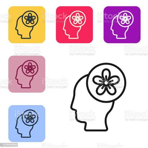 흰색 배경에 고립 된 아이콘 내부의 꽃과 검은 줄 인간의 머리 색상 정사각형 단추로 아이콘을 설정합니다 벡터 가을에 대한 스톡
