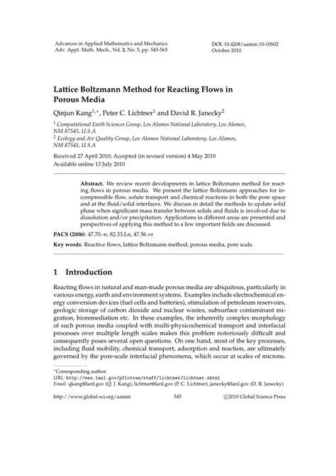 Pdf Lattice Boltzmann Method For Reacting Flows In Porous Media