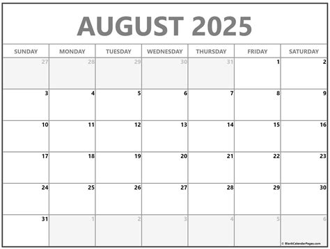 Blank Printable Monthly Calendar August 2025