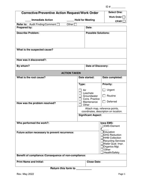 Iowa Correctivepreventive Action Requestwork Order Download Fillable