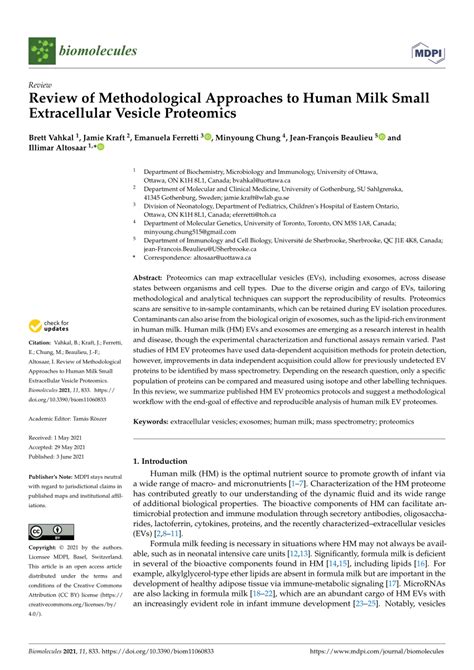 Pdf Review Of Methodological Approaches To Human Milk Small Extracellular Vesicle Proteomics