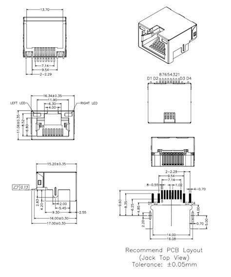 Rj45 Female Connector Mid Mount 41mm 8pin Rj45 Ethernet Connector With