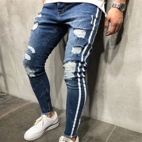 새로운 패션 스키니 청바지 남성용 스타일리시 찢어진 바이커 스키니 슬림 스트레이트 마모 데님 바지 Jeans AliExpress