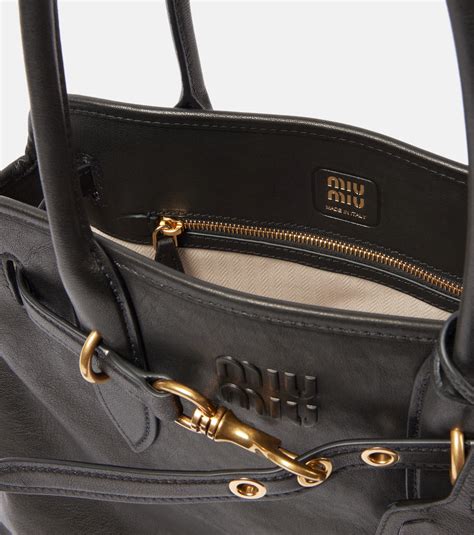 Aventure Medium Leather Tote Bag In Black Miu Miu Mytheresa