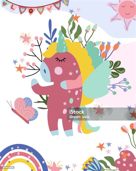 화려한 꼬리 무지개 재미있는 태양 꽃과 잎과 환상적인 귀여운 유니콘 마법의 말이있는 포스터는 카드 배너 생일 및 기타 휴일을 만드는 데 사용할 수 있습니다 벡터