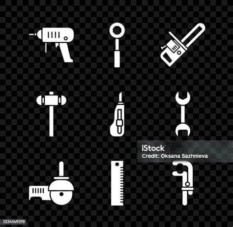 전기 드릴 머신 렌치 스패너 전기 톱 앵글 그라인더 통치자 클램프 도구 썰매 망치 및 문구 칼 아이콘을 설정합니다 벡터 각도에