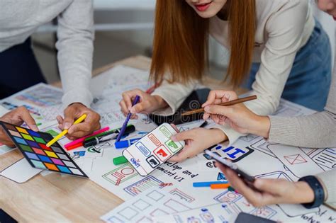 Creative Ux Ui Design Process With Color Palette And Wireframes On Desk Designers Collaboration