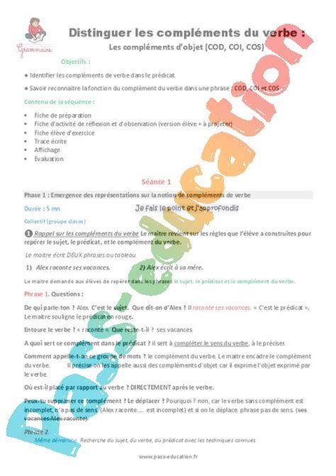 Séquence Fiche De Préparation Complément Du Verbe Cm1 Pdf à Imprimer