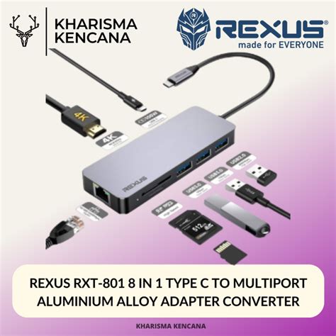KABEL KONEKTOR REXUS RXT 801 8 IN 1 TYPE C TO MULTIPORT ALUMINIUM ALLOY ADAPTER CONVERTER