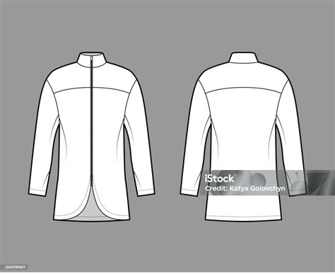 편안한 핏 하이 네크라인 백 라운드 요크 프론트 롱 슬리브가 돋선한 집업 셔츠 테크니컬 패션 일러스트 0명에 대한 스톡 벡터