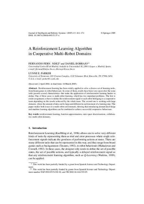 Pdf A Reinforcement Learning Algorithm In Cooperative Multi Robot Domains