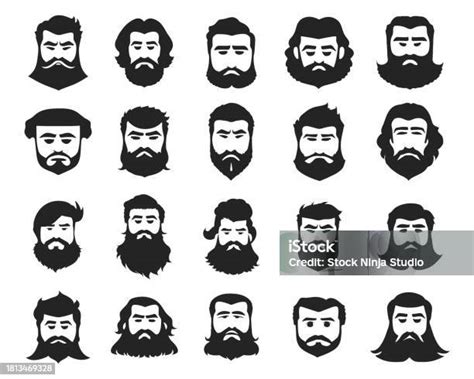 힙 스터 잘생긴 수염 남자 얼굴 세트 남자 얼굴 와 다른 Haircuts 와 턱수염 벡터 남자에 대한 스톡 벡터 아트 및 기타