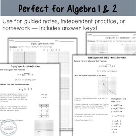 Square Root Function Graphing And Writing Equations From Graphs Notes And Worksheet