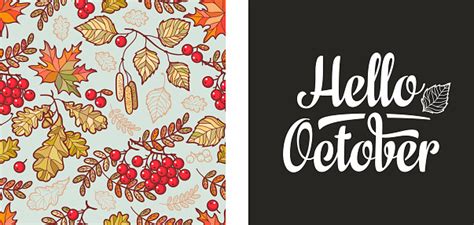 안녕하세요 10 월 문자 문구 텍스트 로완 단풍 나무 자작 나무 참나무와 단풍 나무와 원활한 패턴 단풍 가을 잎 디자인 단풍 숲 잎 벡터입니다 빨강 녹색 갈색 노랑 가을