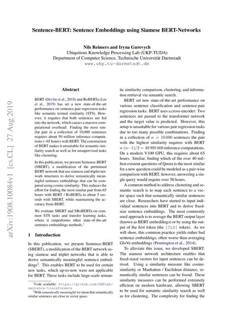 Sentence Bert Sentence Embeddings Using Siamese Bert Networks Deepai