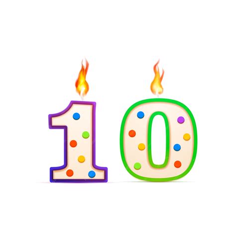 10 лет со дня рождения, свеча на день рождения в форме 10 цифр с огнем ...