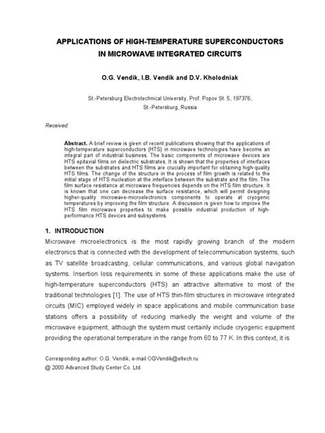 Applications Of High Temperature Superconductors In Microwave Integrated Circuits Pdf