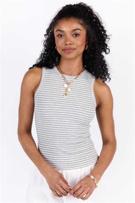 Core Values Grey And Ivory Ribbed Stripe High Neck Tank Pink Lily