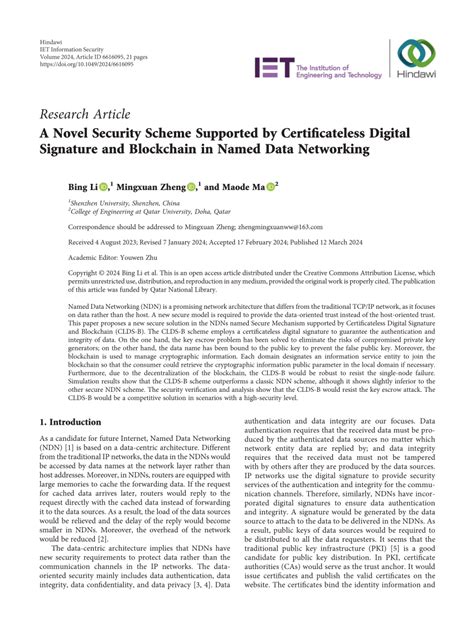 Pdf A Novel Security Scheme Supported By Certificateless Digital Signature And Blockchain In