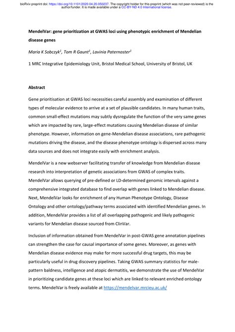 Pdf Mendelvar Gene Prioritization At Gwas Loci Using Phenotypic Enrichment Of Mendelian