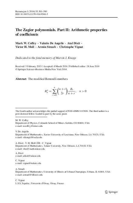 Pdf The Zagier Polynomials Part Ii Arithmetic Properties Of