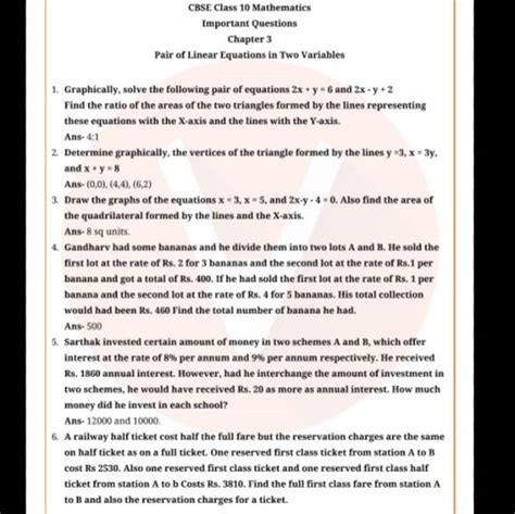 CBSE Class Mathematics Important Questions Chapter Pair Of Linear Eq