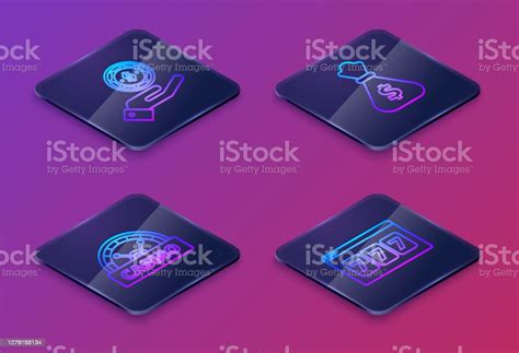 카지노 칩 카지노 간판 머니 백 및 행운의 일곱 잭팟온라인 슬롯 머신을 들고 아이소메트릭 라인 손을 설정합니다 파란색 정사각형 버튼 벡터 3차원 형태에 대한 스톡 벡터 아트