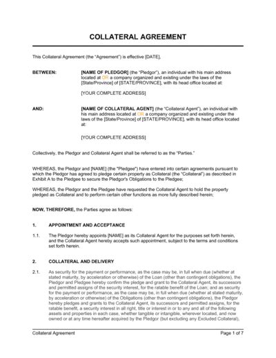 Collateral Agreement Template Word And Pdf Free Trial