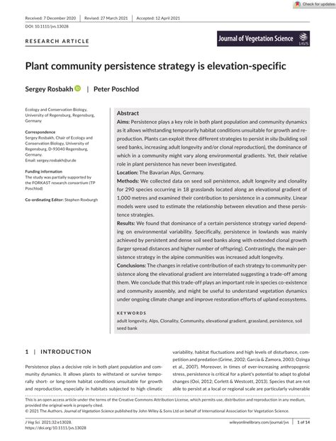 Pdf Plant Community Persistence Strategy Is Elevation‐specific