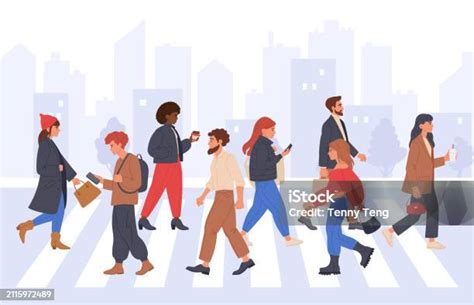 횡단보도의 보행자 다양 한 사람들이 도로를 건너고 남성과 여성 캐릭터가 거리를 걷고 있습니다 플랫 벡터 일러스트 레이 션 세트 행인 걷기 컬렉션 사람들에 대한 스톡 벡터