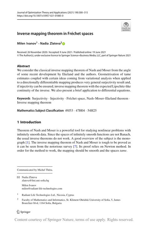 Inverse Mapping Theorem In Fréchet Spaces Request Pdf