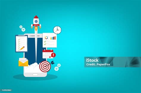 응용 프로그램 실행입니다 시작 벡터 개념 평면 만화 로켓 이나 우주선 발사 휴대폰 또는 스마트폰 성공적인 비즈니스 프로젝트 시작 기술 부스트 혁신의 아이디어 0명에 대한