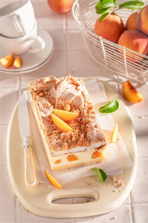 Swee And Fresht Cheesecake With Peaches And Cocoa And Fruits Stock