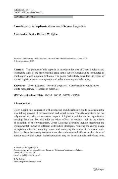 Pdf Combinatorial Optimization And Green Logistics