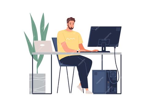 Premium Vector Man Working With Laptop And Computer At Desk Software