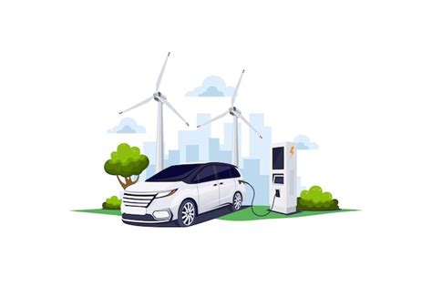 Suv 전기 자동차는 녹색 에너지원 일러스트레이션 컨셉으로 충전기 스테이션에서 충전하고 있습니다 프리미엄 벡터