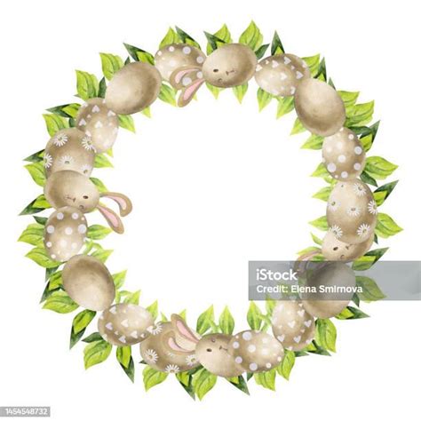 수채화 손으로 그린 부활절 축하 클립 아트 계란 토끼 활 및 봄 잎으로 화환을 동그라미 흰색 배경에 격리 초대장 선물 인사말