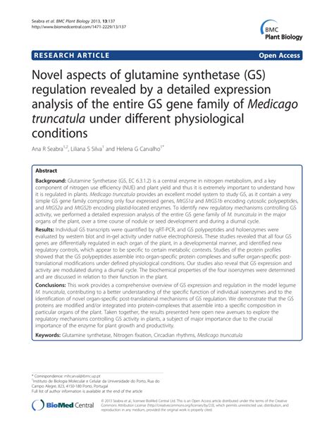 Pdf Novel Aspects Of Glutamine Synthetase Gs Regulation Revealed By A Detailed Expression
