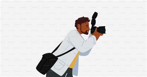 사진 카메라와 가방을 어깨에 메고 사진을 찍는 전문 사진작가 카메라맨 전문 직업 창작 취미 여행 또는 직장 직업 남성