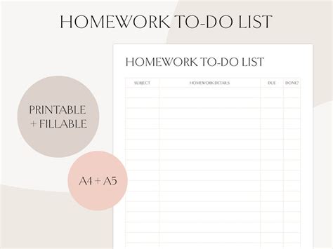 Printable Homework To Do List Fillable Homework Planner Homework Checklist Instant Download