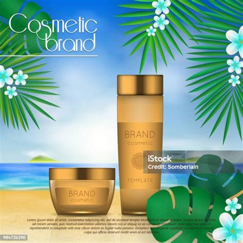 이국적인 야자수와 해변 배경에 여름 선크림 화장품 디자인 서식 파일 나뭇잎 3d 현실 태양 보호와 제품 광고입니다 3차원 형태에 대한 스톡 벡터 아트 및 기타 이미지