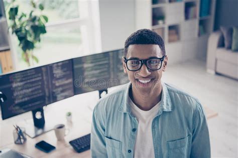 Portrait Photo Of Young Funny Man Successful Javascript Coder Toothy