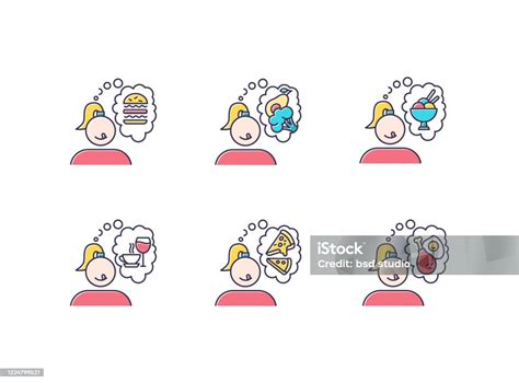 음식 갈망 색상 아이콘 세트 건강에 해로운 간식을 생각하는 여성 맛있는 간식 패스트 푸드의 생각 햄버거와 피자 아이스크림 식욕과 굶주림 격리된 벡터 일러스트레이션 0명에